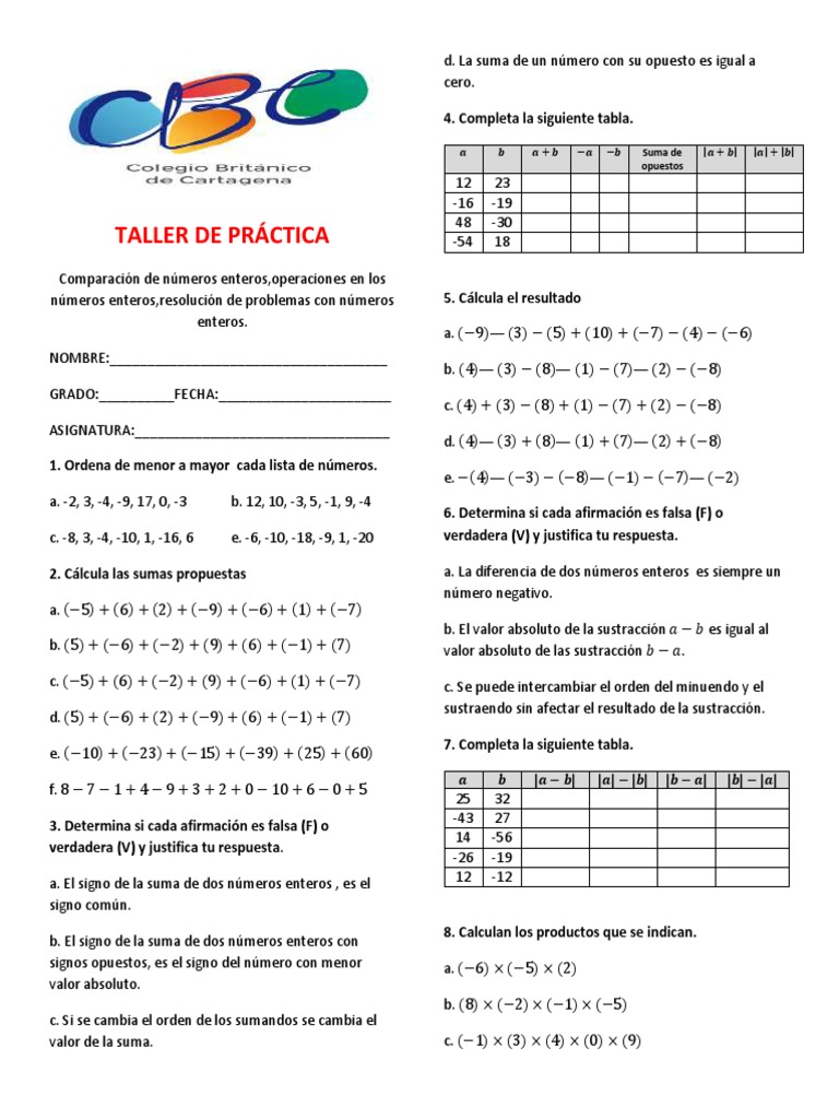 TALLER DE PRÁCTICA OPERACIONES CON NÚMEROS ENTEROS-1 | PDF | Entero ...