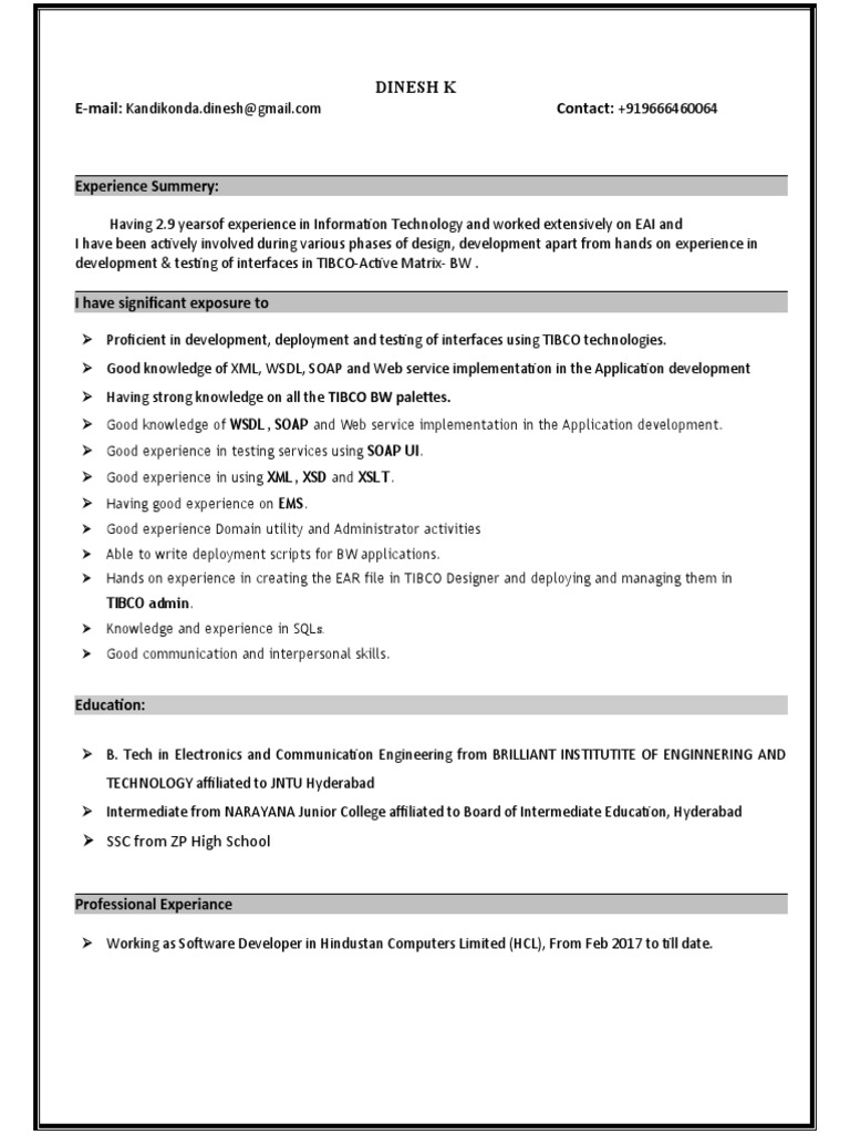 Dinesh K: Resume Highlighting Over 2 Years of Experience in TIBCO ...
