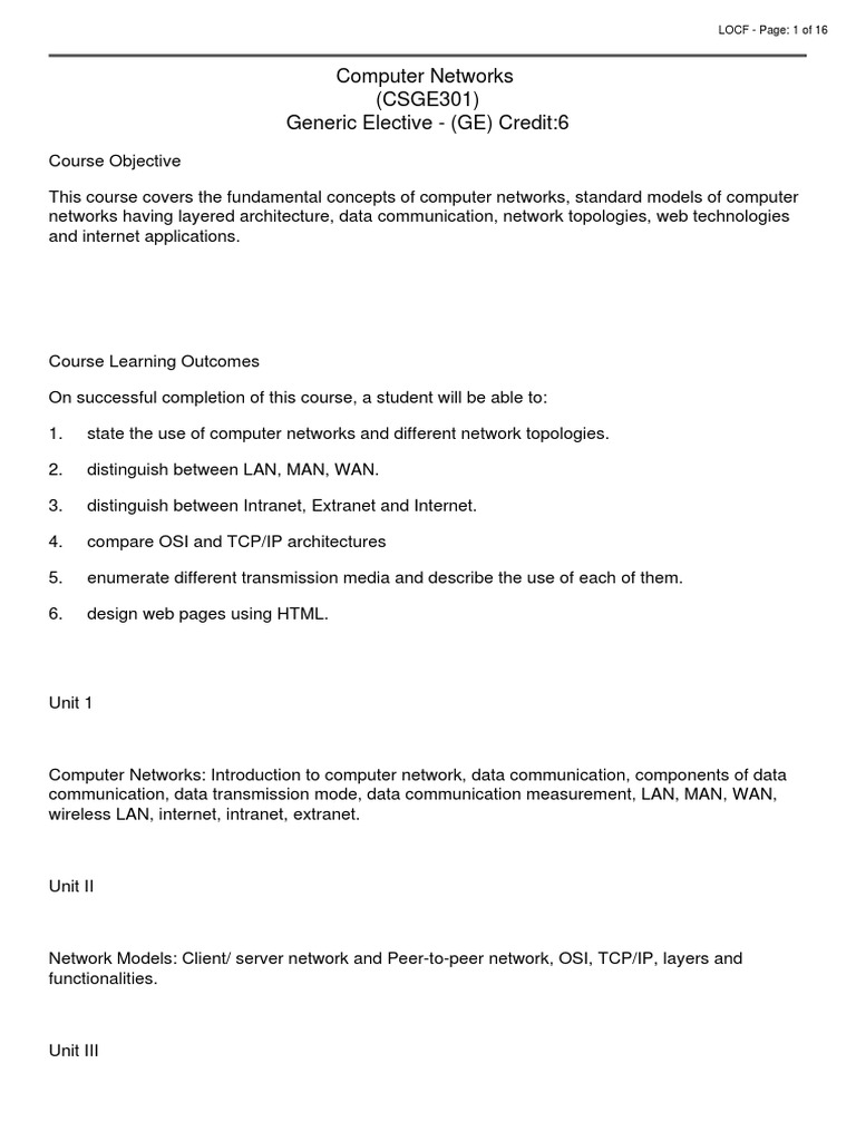 Computer Networks (CSGE301) Generic Elective - (GE) Credit:6 | PDF | Computer Network ...