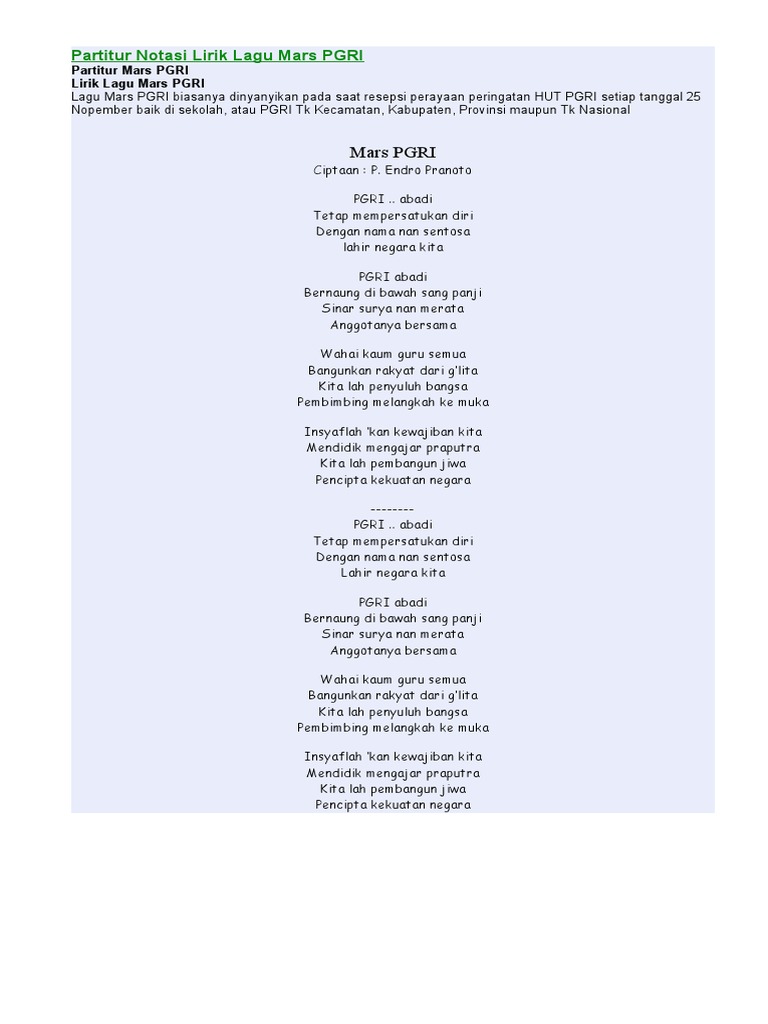 Partitur Notasi Lirik Lagu Mars PGRI | PDF