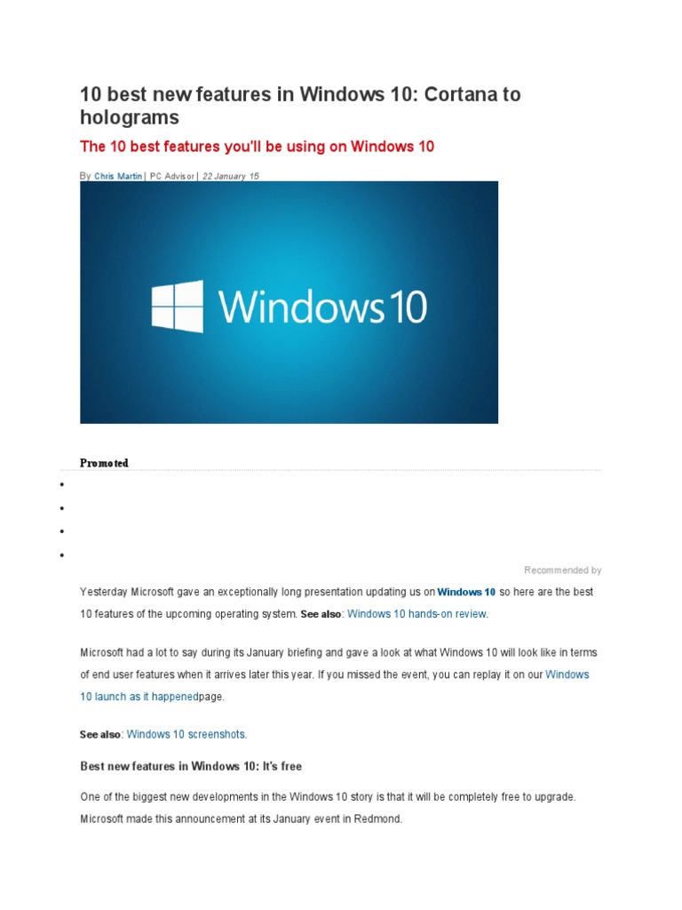Top 10 Features of Windows 10 | PDF | Windows 10 | Windows Phone
