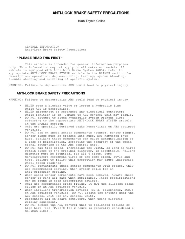 Anti Lock Brake Safety Precautions | PDF | Anti Lock Braking System | Brake