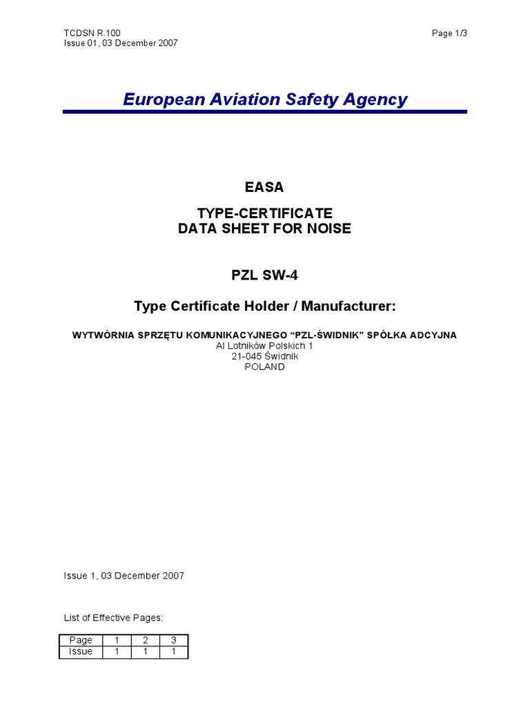Noise EASA TCDS R.100 - PZL - SW 4 01 03122007 | PDF