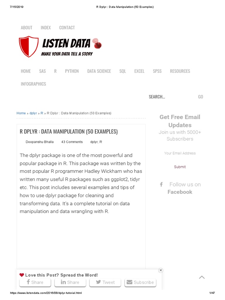 R Dplyr - Data Manipulation (50 Examples) | PDF | Database Index | Median