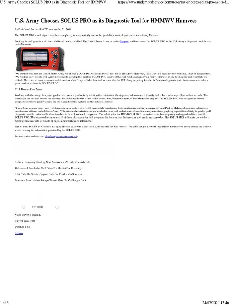 Scan Tool U.S. Army Chooses SOLUS PRO As Its Diagnostic Tool For HMMWV ...