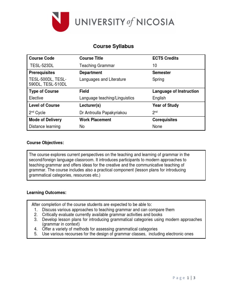 Course Syllabus: Course Code Course Title ECTS Credits | PDF | Lesson ...