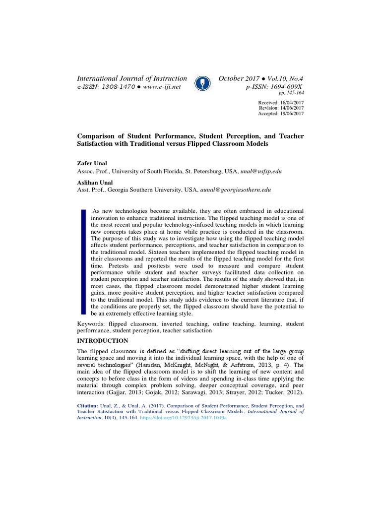 Comparing Student Performance, Perceptions, and Teacher Satisfaction in ...