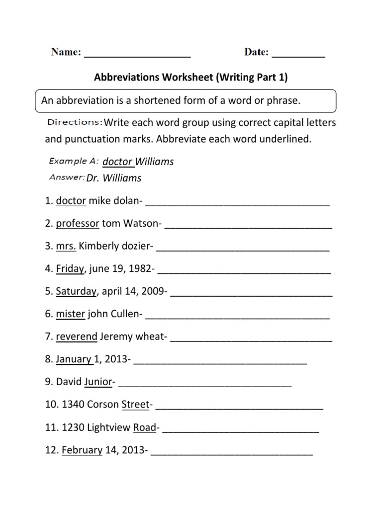 Abbreviations Worksheet for Writing Part 1 | PDF