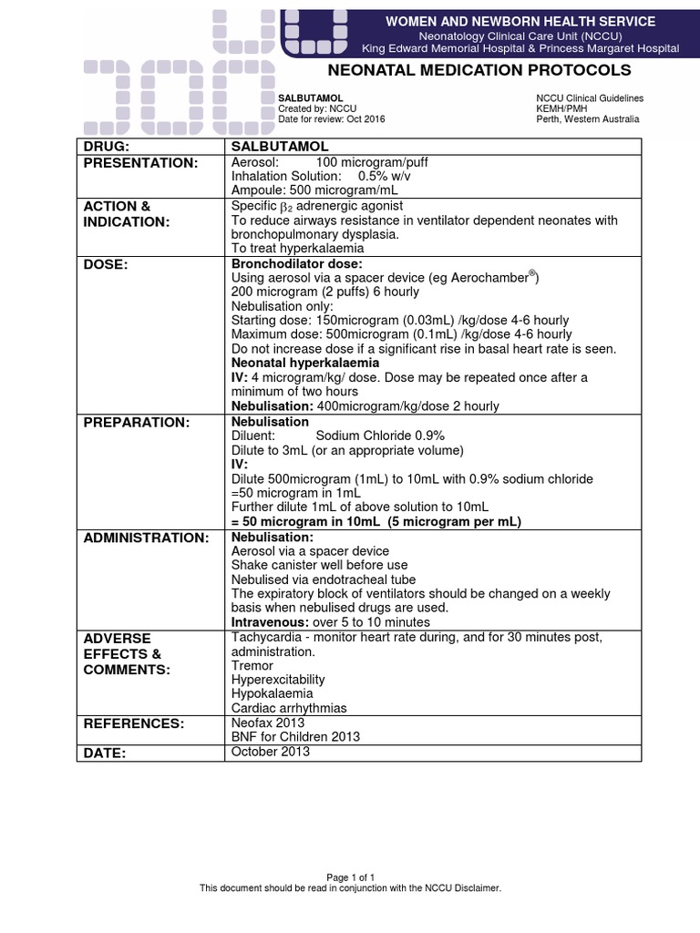 Neonatal Medication Protocols: Drug: Salbutamol Presentation | PDF ...