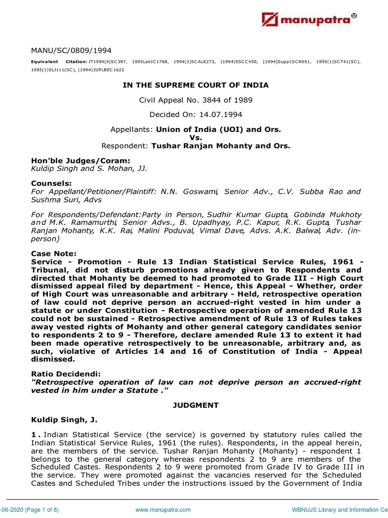 Union of India UOI and Ors Vs Tushar Ranjan Mohants940808COM503423 | PDF | Ex Post Facto Law ...