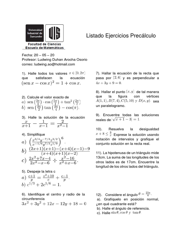 Listado Ejercicios Precálculo: Ejercicios Resueltos | PDF | Triángulo | Geometría