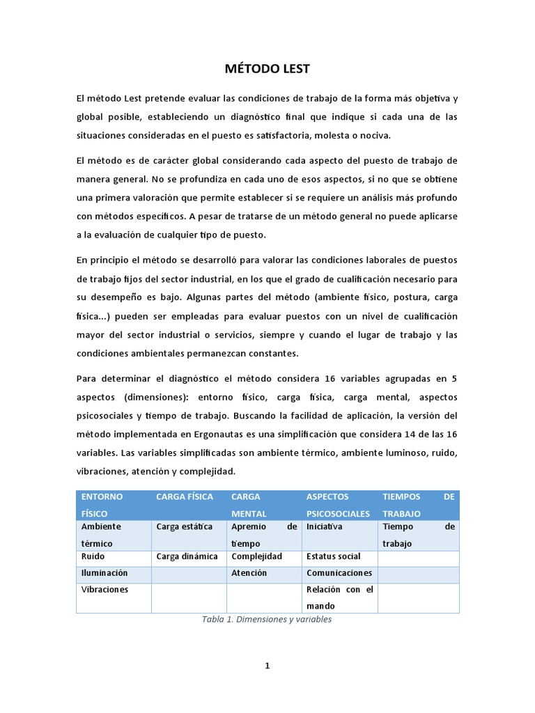 Método Lest - Grupo 1 - Higiene Industrial | PDF | Factores humanos y ergonomía | Labor