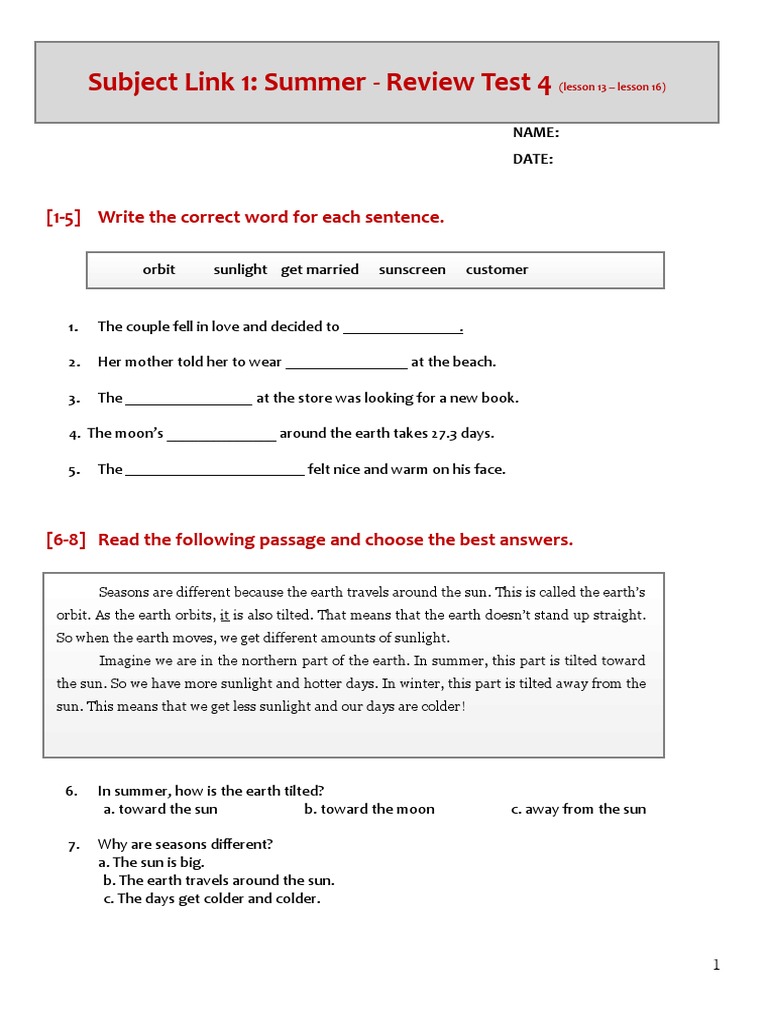 Subject Link 1 Review Test 4 | PDF | Earth | Sun