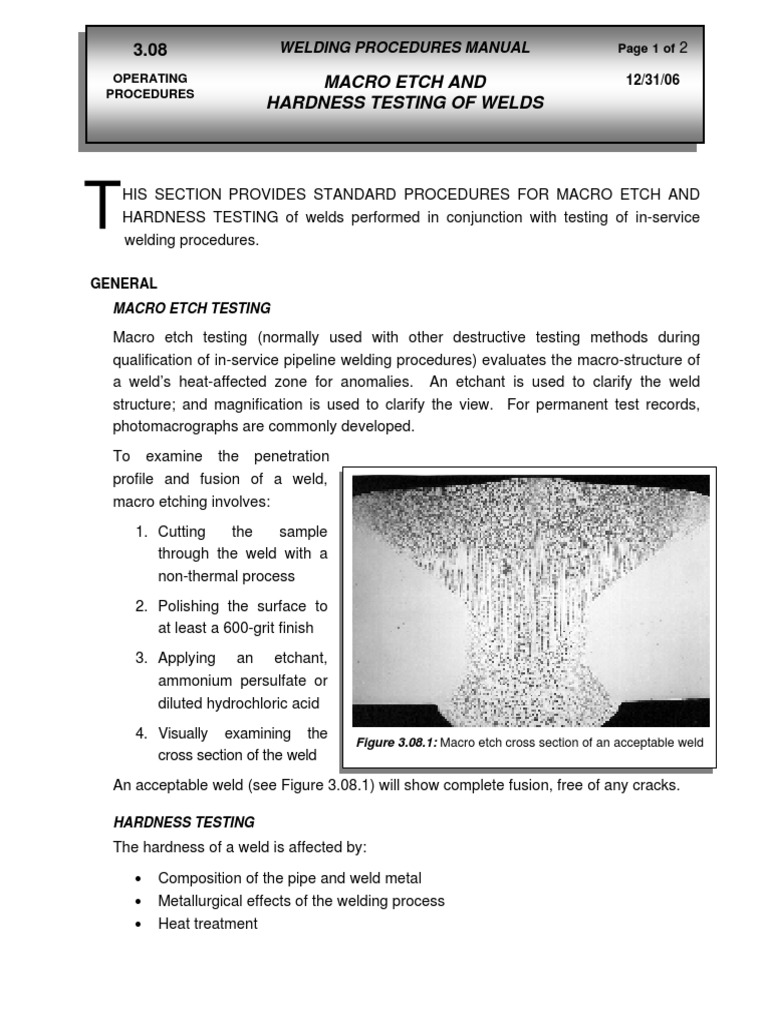 3 08 Operatingprocedures Macro Etch And Hardness Testing Of Welds Pdf Pdf Hardness Welding 