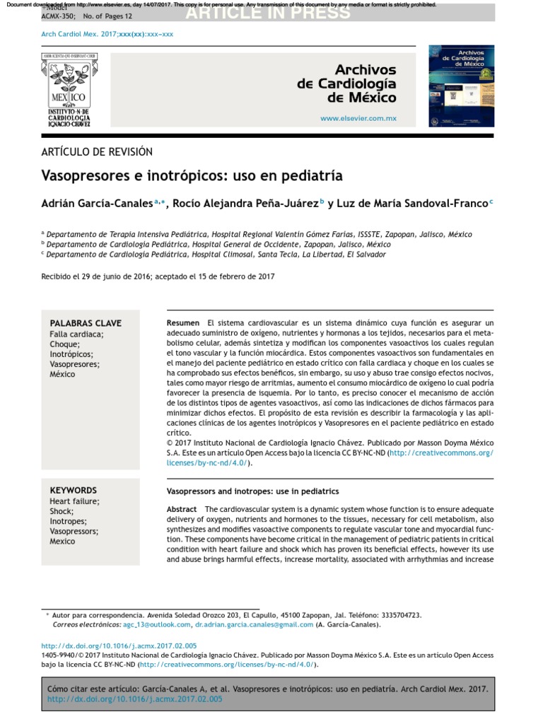 Vasopresores e Inotrópicos - Uso en Pediatría 2 PDF | PDF | Corazón ...