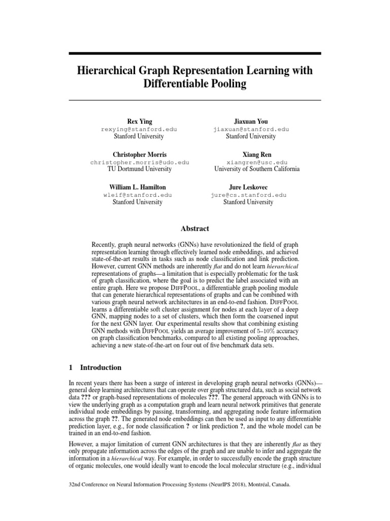 Hierarchical Graph Representation Learning With Differentiable Pooling | PDF | Artificial Neural ...