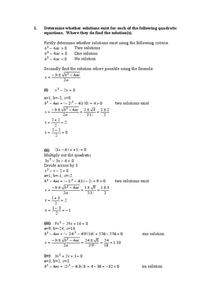 Determine Whether Solutions Exist For Each of The Following Quadratic ...