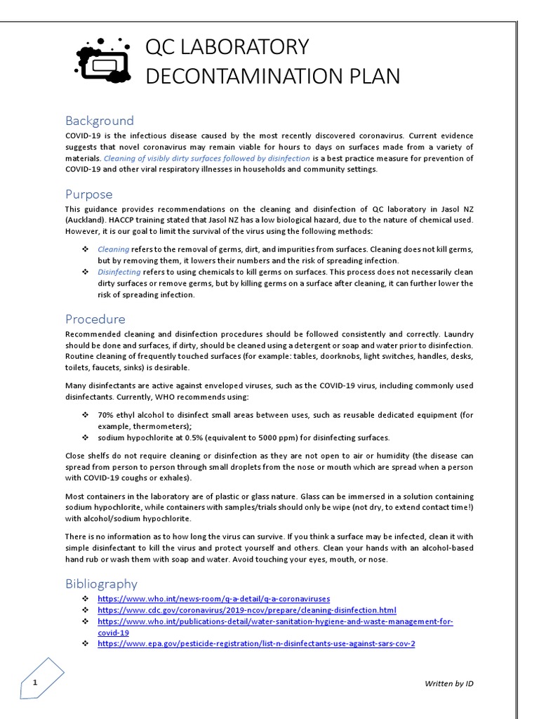 Decontamination Plan for QC Laboratory at Jasol NZ: Recommended ...