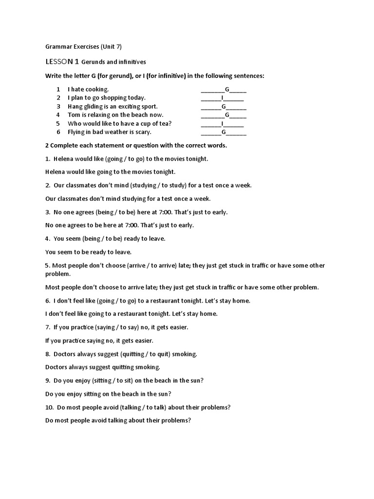 Homework Excercises Unit 7 Gerunds Vs Infinitives | PDF