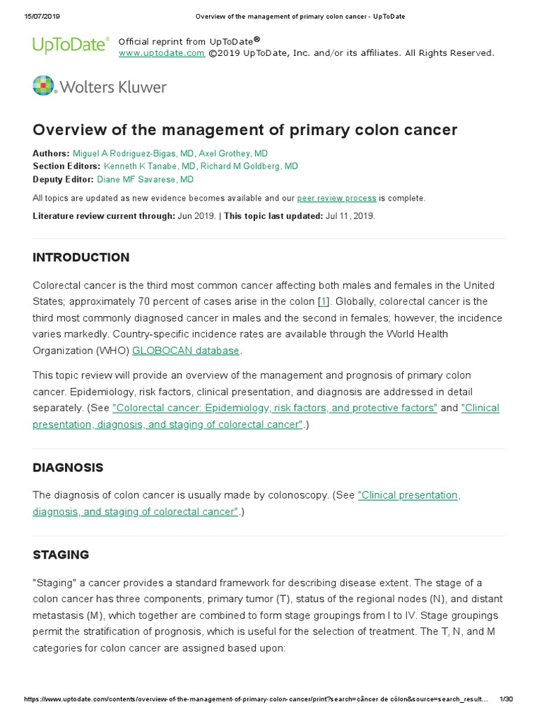Overview of The Management of Primary Colon Cancer - UpToDate | PDF ...