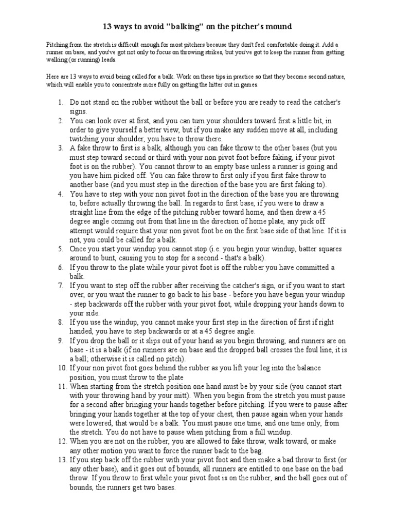 13 Ways To Avoid A Balk | PDF | Pitcher | Baseball Field