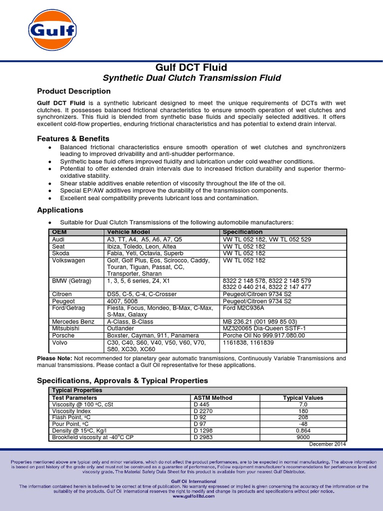 Gulf DCT Fluid: Synthetic Dual Clutch Transmission Fluid | PDF ...