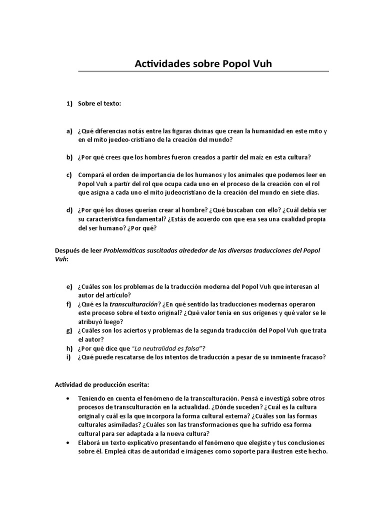 Actividades en Torno A Popol Vuh | PDF | Traducciones | Cultura (general)