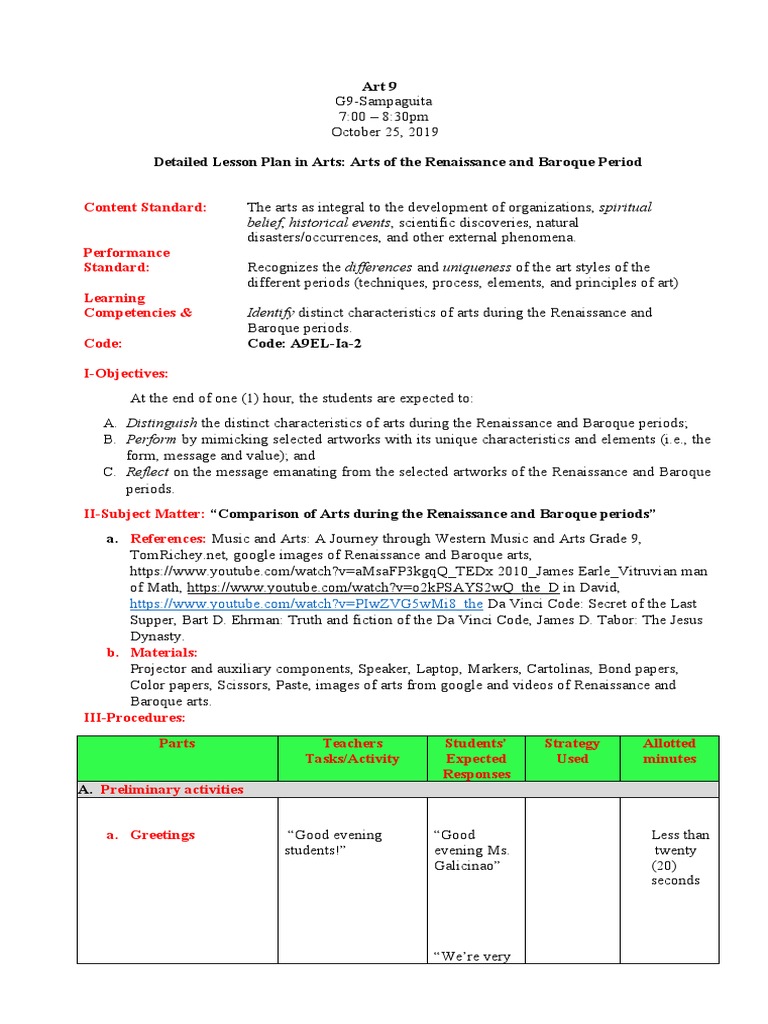 Art 9 - Lesson Plan For Demo | PDF | Renaissance | Realism (Arts)