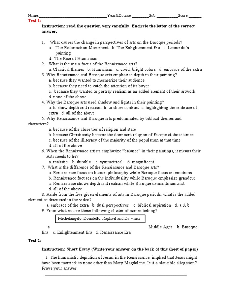 Renaissance and Baroque Art Quiz | PDF | Renaissance | Realism (Arts)