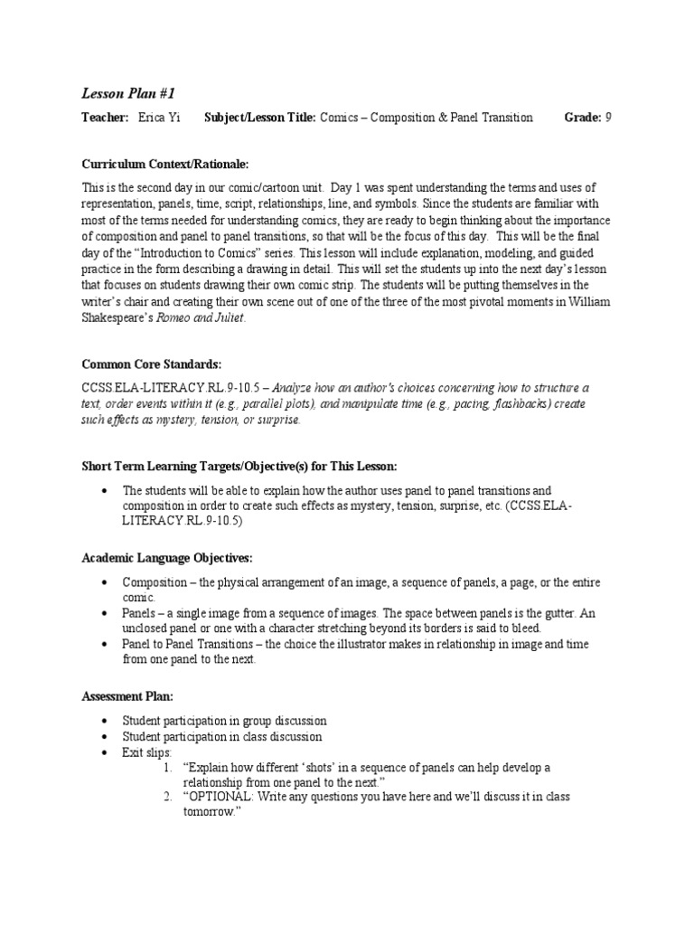 Lesson Plan For Creating Comics | PDF | Lesson Plan | Common Core State ...