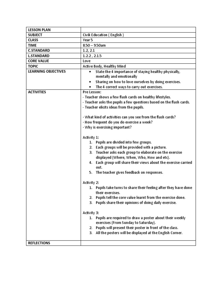 Active Lifestyle Lesson Plan | PDF