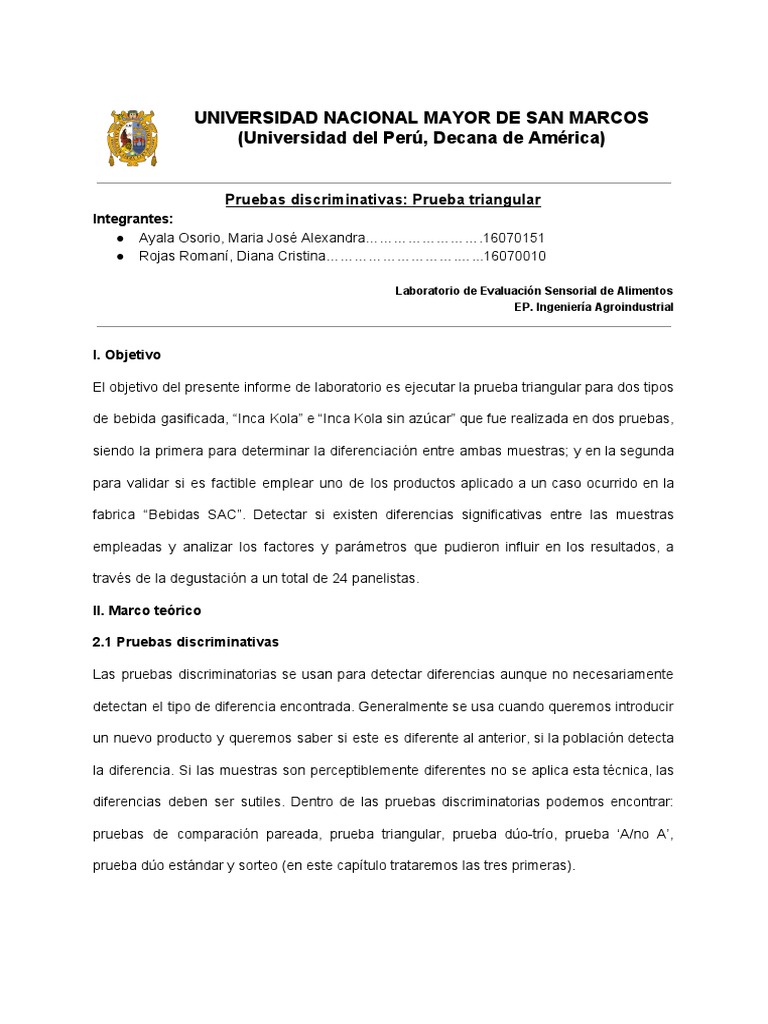 Informe 1 - Prueba Triangular PDF | PDF | Refresco | Science