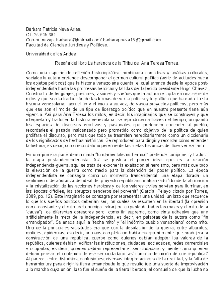 Ensayo Barbara Nava Herencia de La Tribu. | PDF | Hugo Chavez | Venezuela