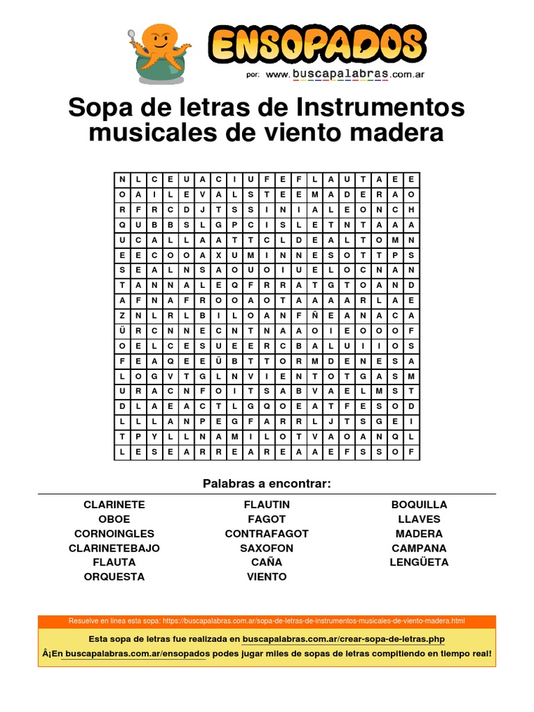 Sopa de Letras de Instrumentos Musicales de Viento Madera | PDF ...