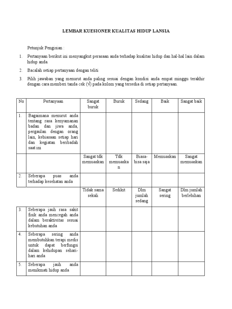 Lembar Kuesioner Kualitas Hidup Lansia | PDF