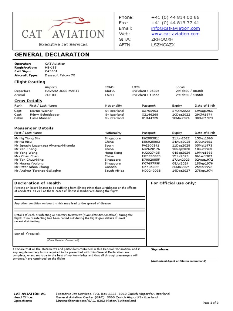 General Declaration: Phone: Fax: Email: Web: Aftn: Sita: +41 (0) 44 814 00 66 +41 (0) 44 813 77 ...