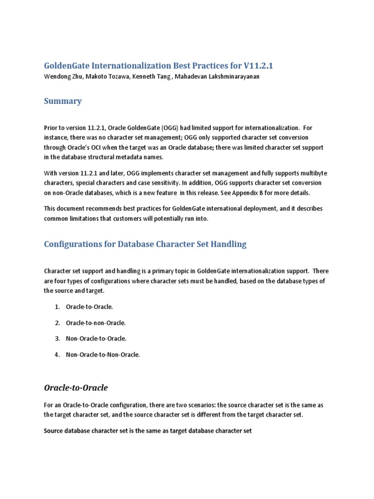 Goldengate Internationalization Best Practices For V11.2.1: Oracle-To-Oracle | PDF | Character ...