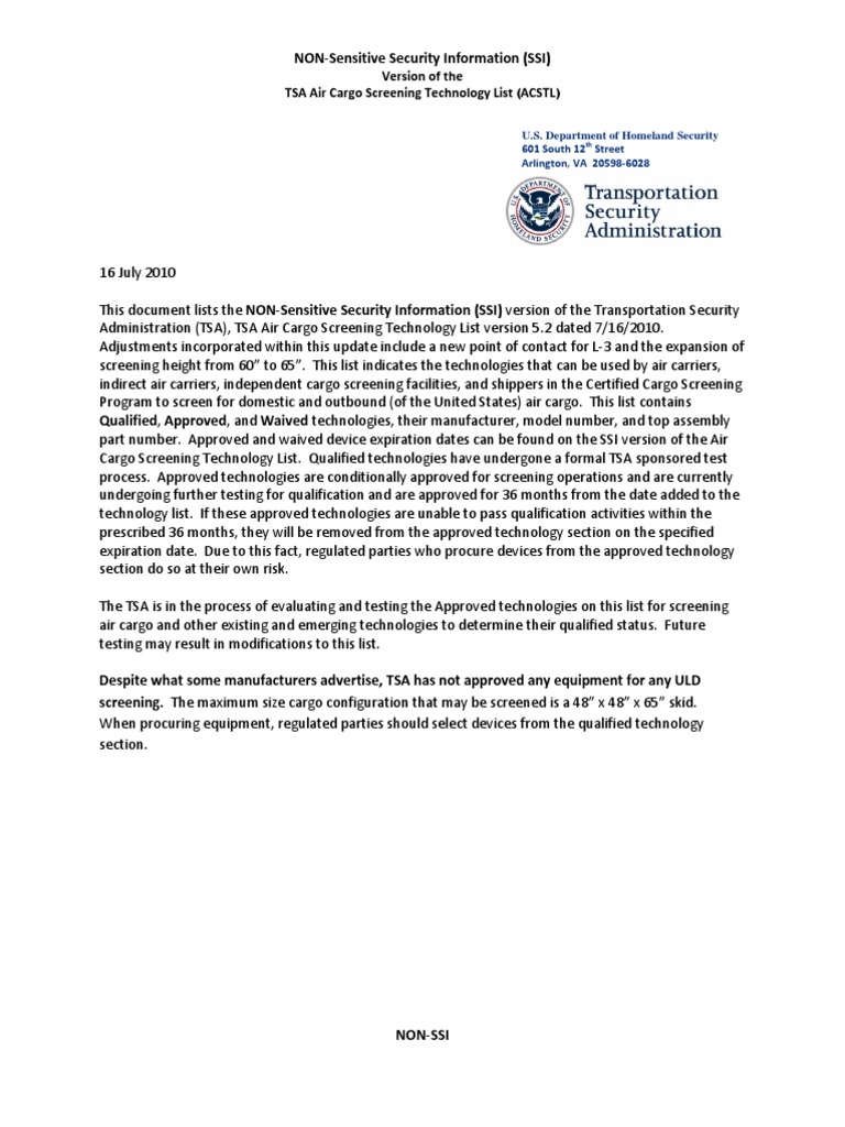 Version of The TSA Air Cargo Screening Technology List (ACSTL) | PDF ...