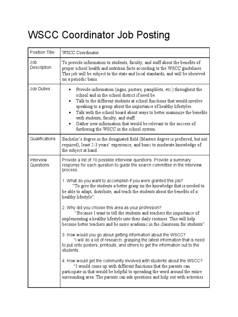 WSCC Coordinator Job Posting | PDF | Academic Degree | Teachers