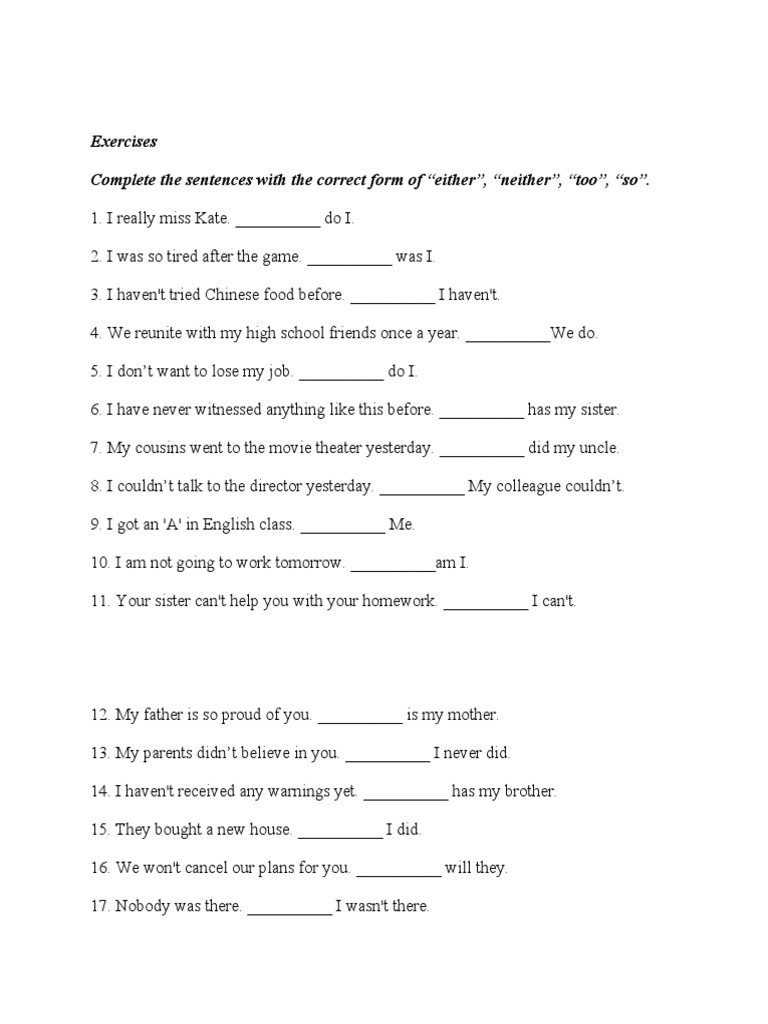 Exercises So Too Either Neither | PDF