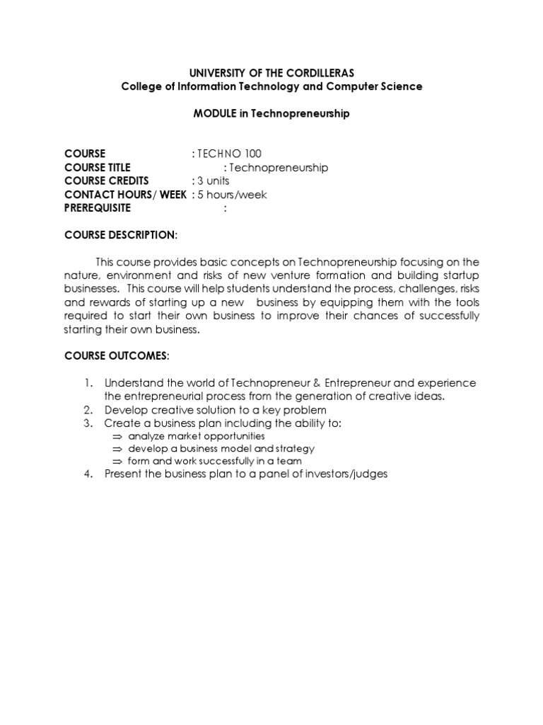 Technopreneurship Course Overview | PDF | Entrepreneurship | Business