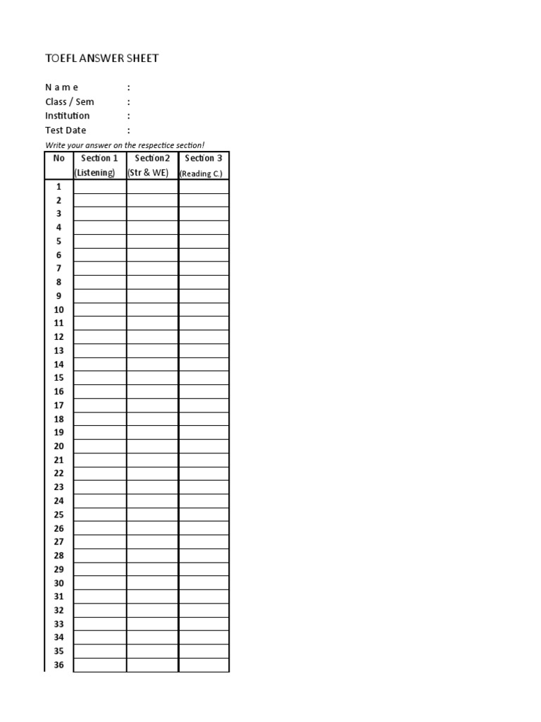 TOEFL Answer Sheet Template | PDF | Teaching Methods & Materials ...