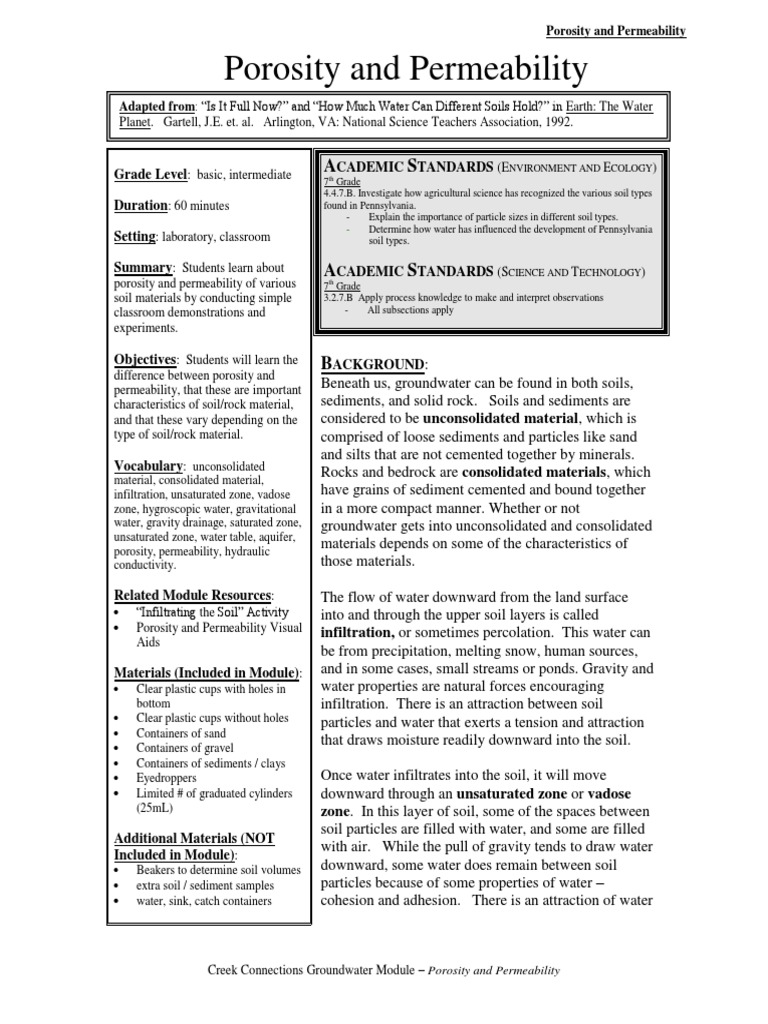Porosity and Permeability: Grade Level Duration Setting Cademic ...