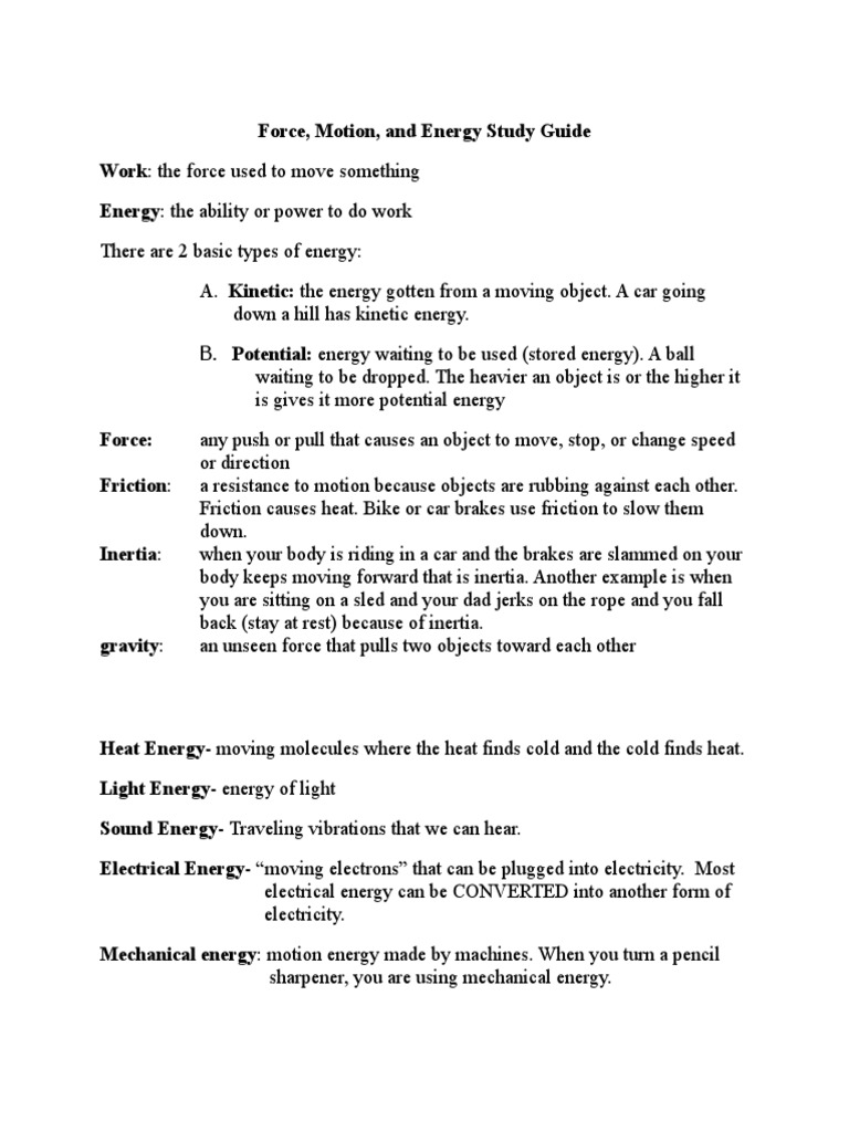 Force Motion and Energy - Study Guide | PDF | Friction | Electricity