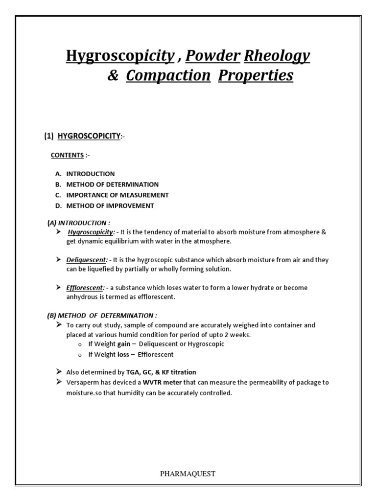 Compaction Properties: Hygroscopicity, Powder Rheology | PDF | Tablet ...