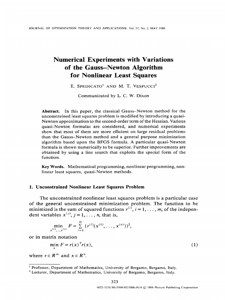 Numerical Experiments With Variations of The Gauss-Newton Algorithm For Nonlinear Least Squares ...