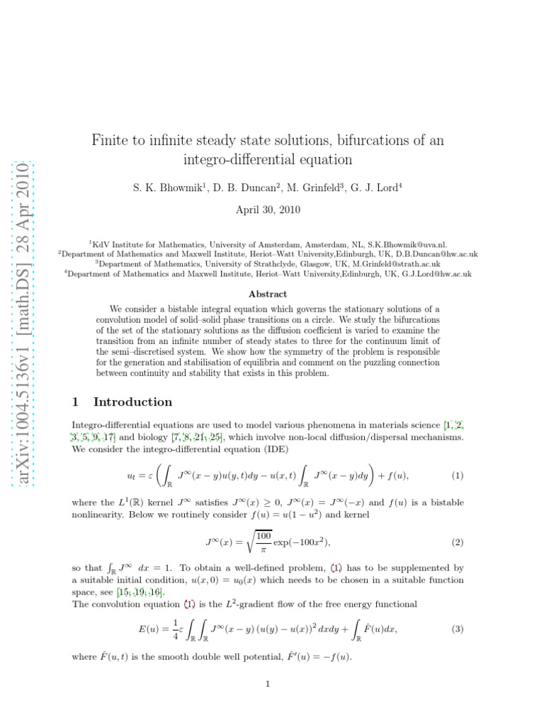 Finite To Infinite Steady State Solutions, Bifurcations of An Integro-Differential Equation ...