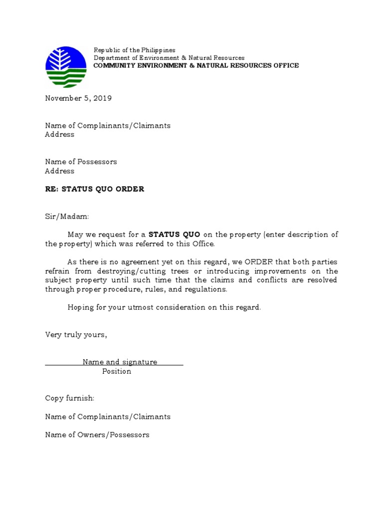 Re: Status Quo Order: Community Environment & Natural Resources Office ...