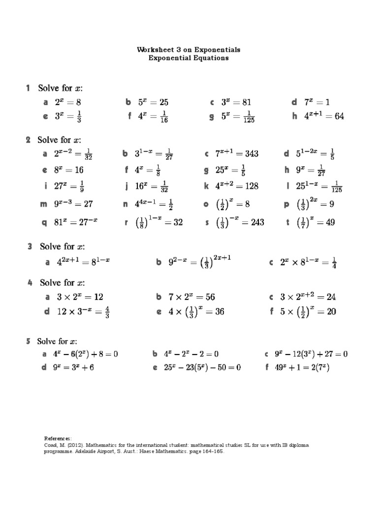 Worksheet 3 On Exponentials Exponential Equations: References | PDF