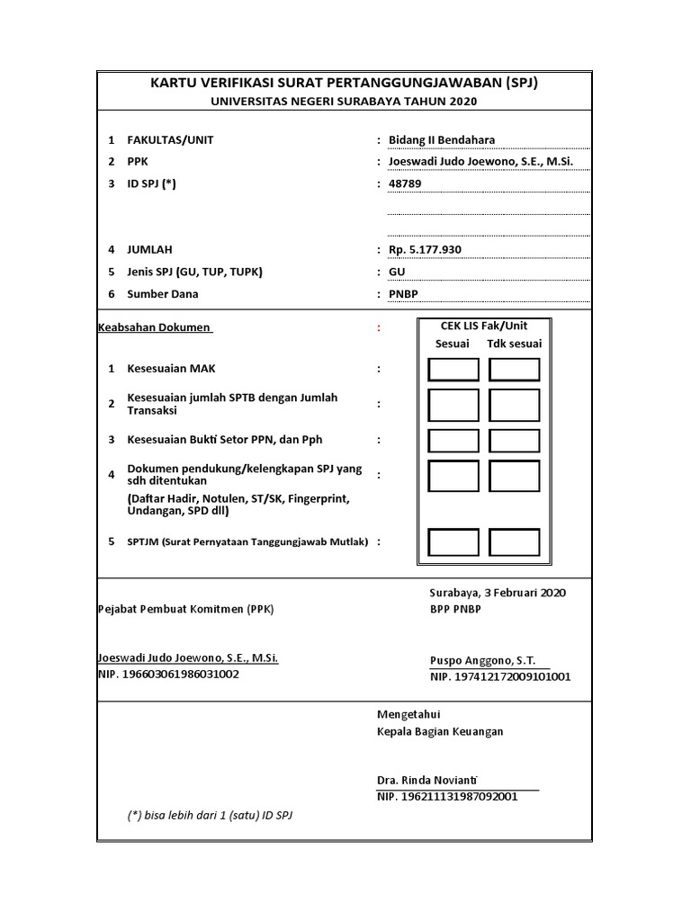 CONTOH Lembar Verifikasi - KARTU PENGAWASAN SPJ PNBP | PDF